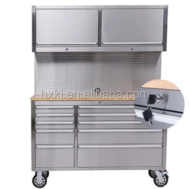 55 Inch Tool Storage Cabinet with Pegboard, 12 Drawers, Rubber Wood Top ...