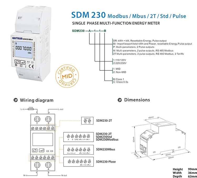 Sdm230-modbus Mid Approved Din Rail Modbus Single Phase Digital Energy Meter - Buy Digital ...