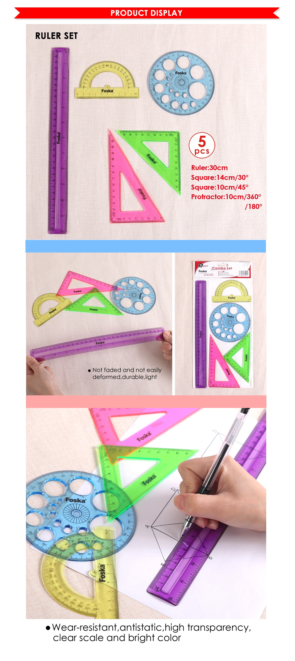 Foska Professional School Math Geometry Ruler Set