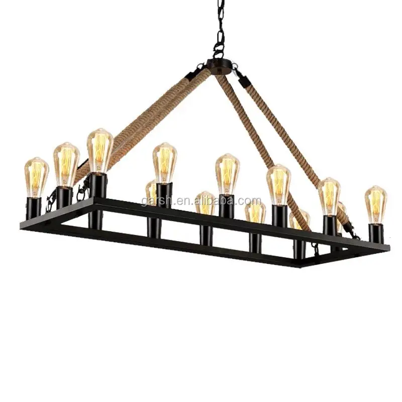 Industrial Chandelier Rectangle Iron Pendant Lamp Loft Hemp Rope Light ...