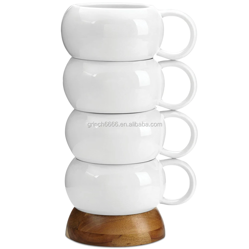 Wholesale Set 4 Porcelain Stackable Coffee Mugs With Wood Stand White ...