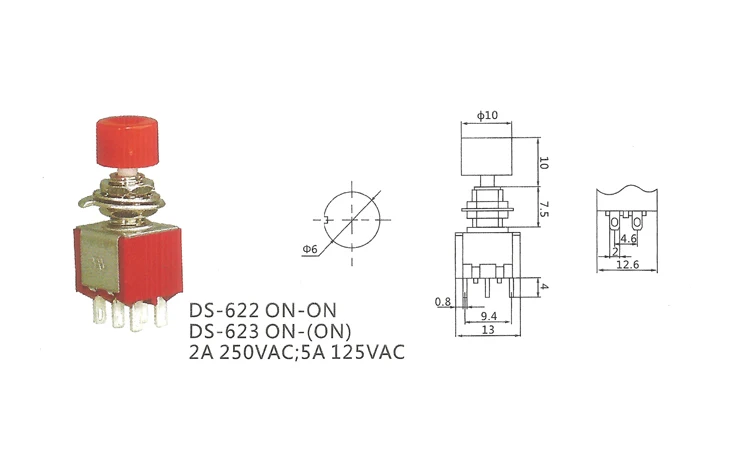 Mini 6mm Mounting Hole Spring Loaded Dpdt On-(on) 6 Pin Momentary ...