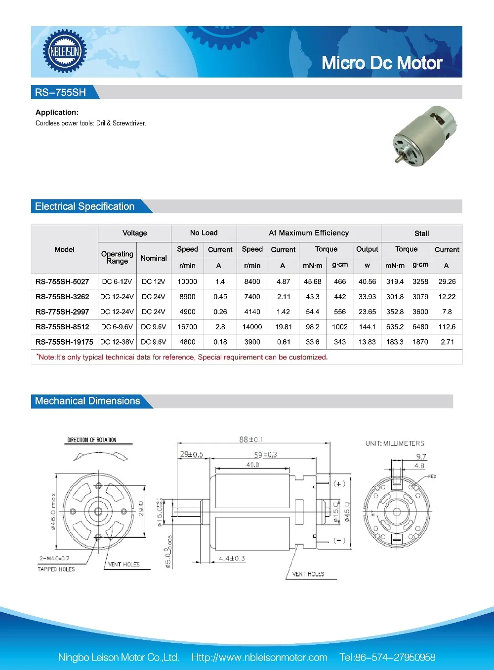 RS 755 High Torque DC Motor - 24V 8000 RPM for Power Tools