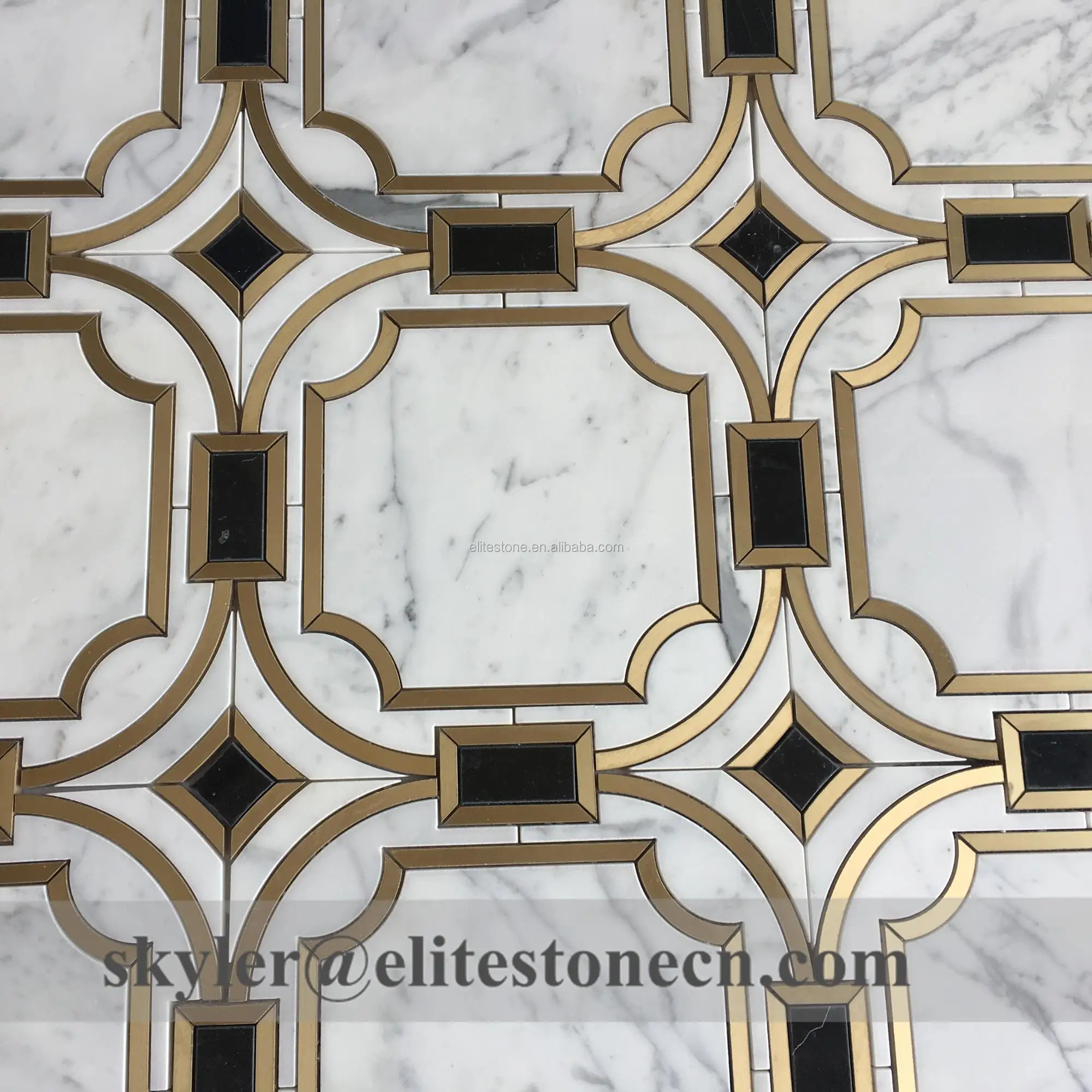 Custom Water Jet Cutting Brass Inlay Carrara White Marble Mosaic Tile