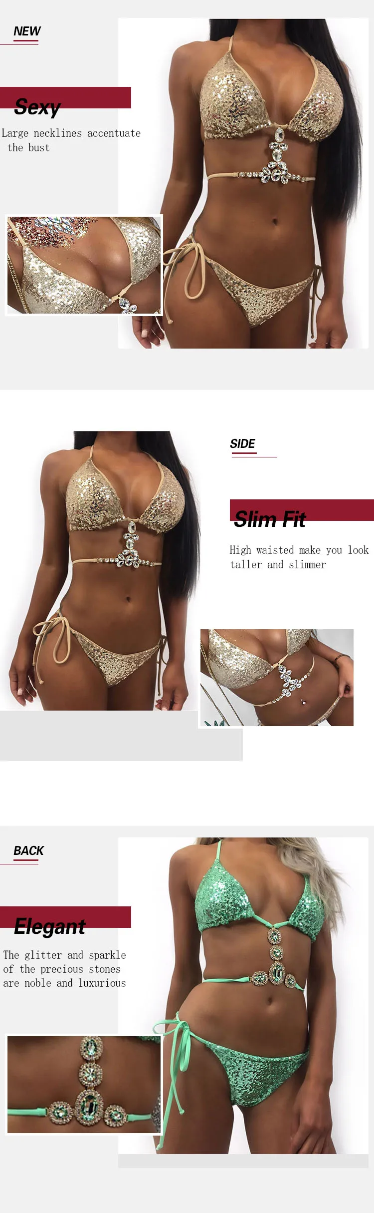 Women Swimwear Set Beach Bathing Suit Swimsuit Push Up Rhinestones