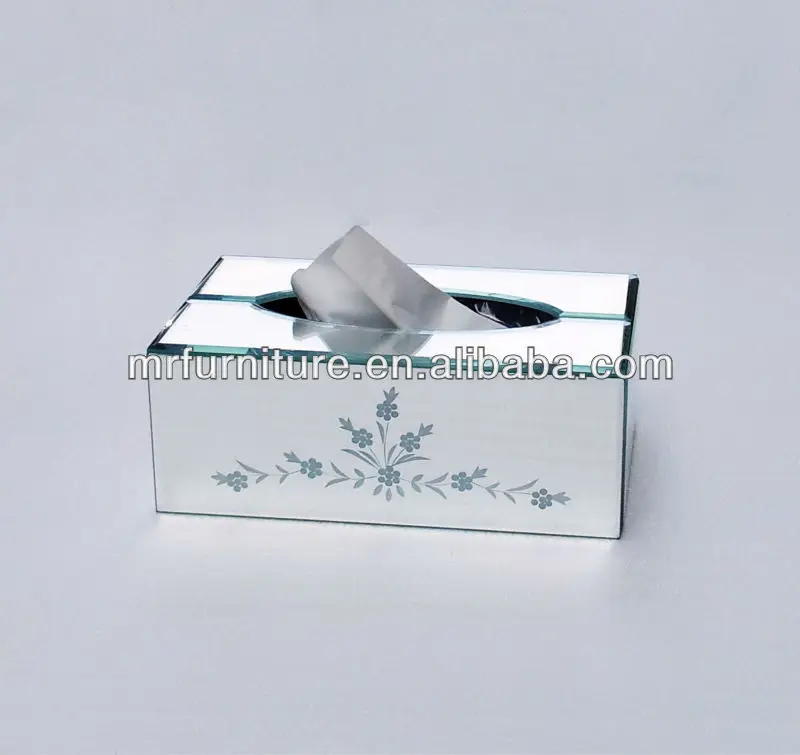 Wedding Rectangle Mirrored Tissue Box with Hand Etched Flowers