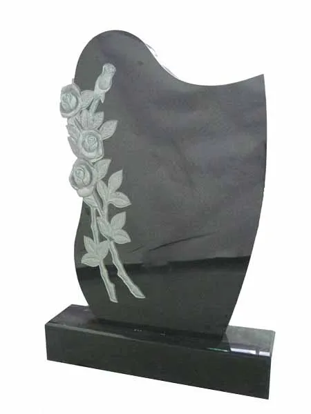 Rose Quartz Headstone - Ebony Black Granite with Sculpted Rose