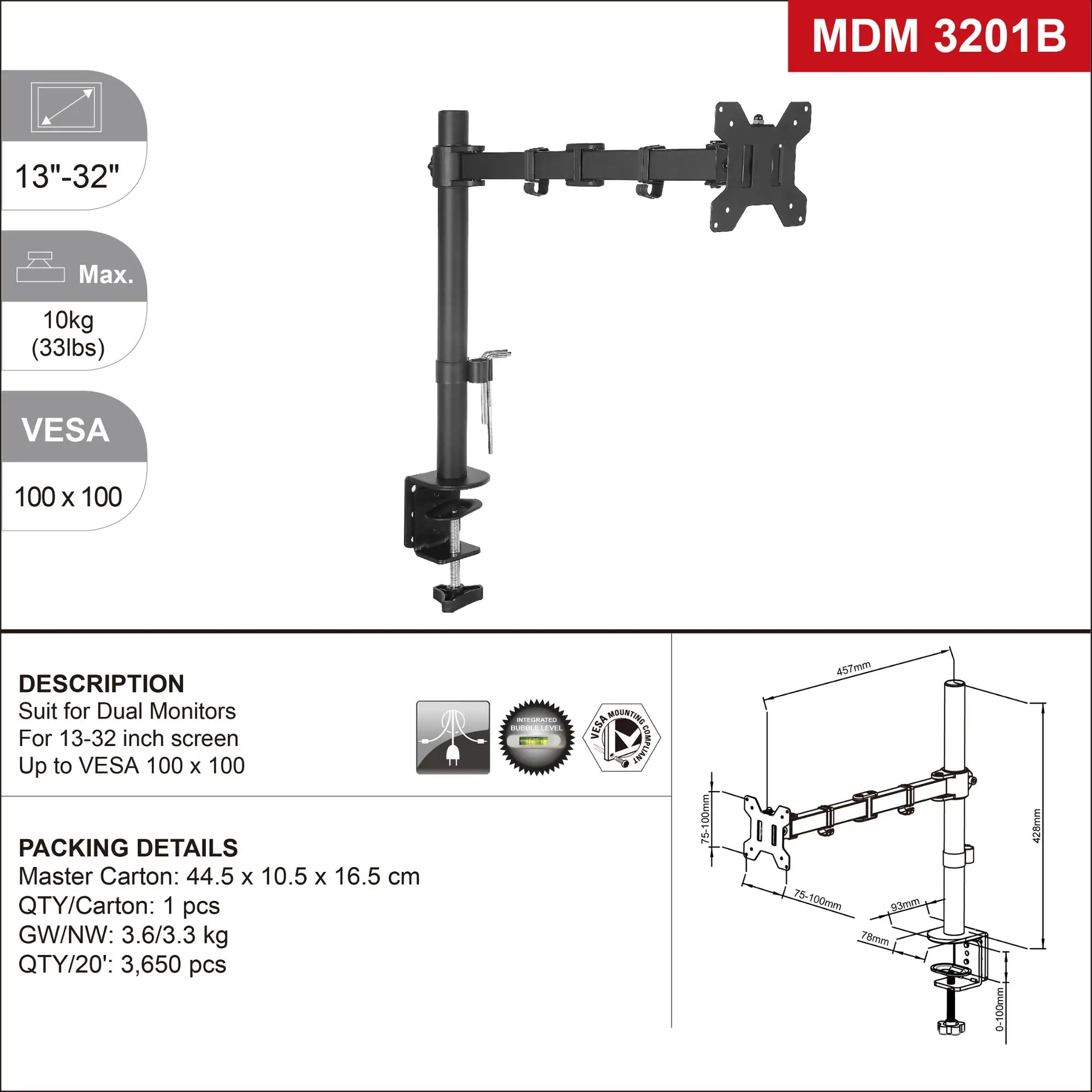 MDM 3201B Flexible Monitor Swing Arm DIY Heavy Duty