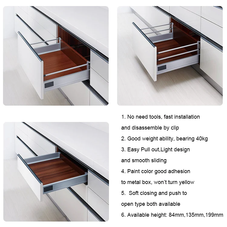Kitchen Double Wall Sliding Metal Drawer Box Soft Closing Push Open for ...