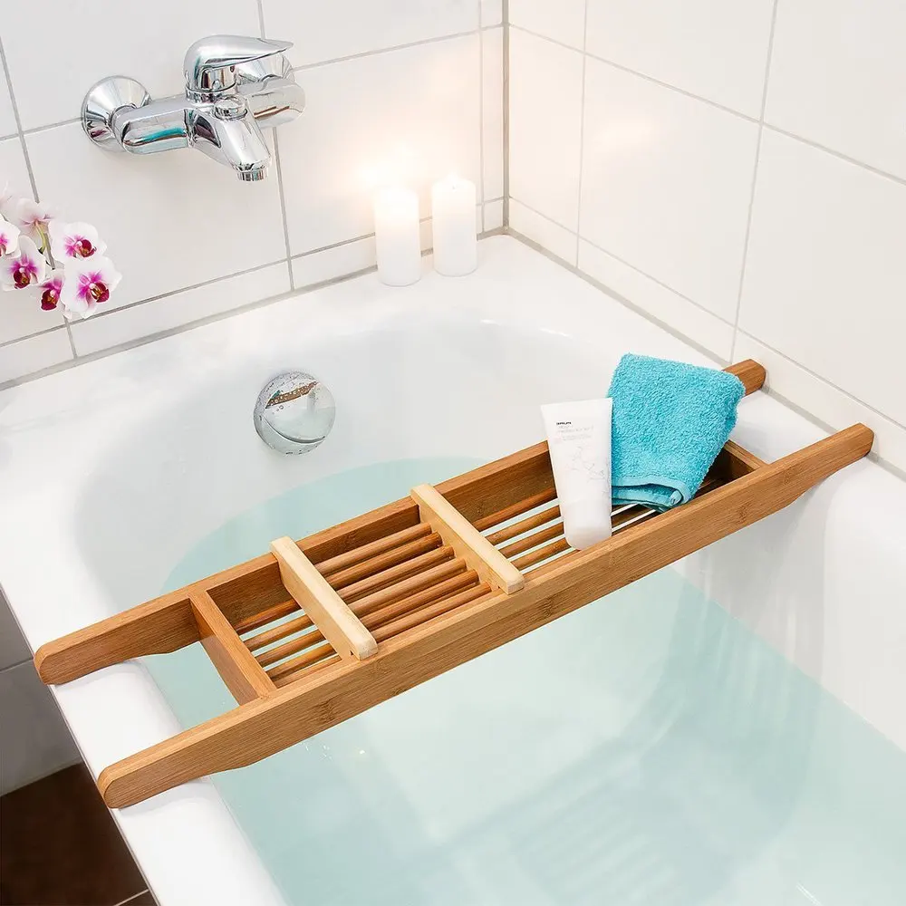 Bamboo Bathtub Tray Caddy With Extending Sides And Adjustable Book ...