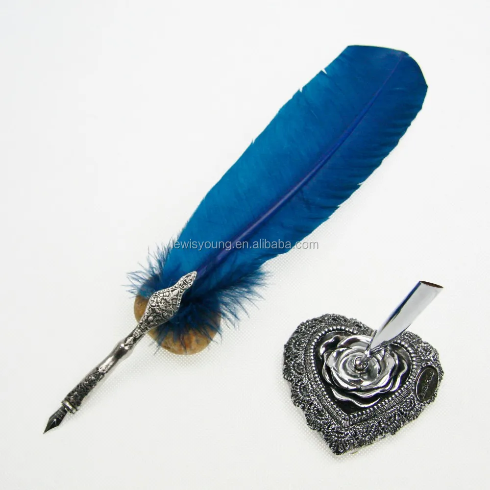 Blue Feather Pen Gift Box & Ink Bottle Quill Feather Fountain Pen - Buy ...