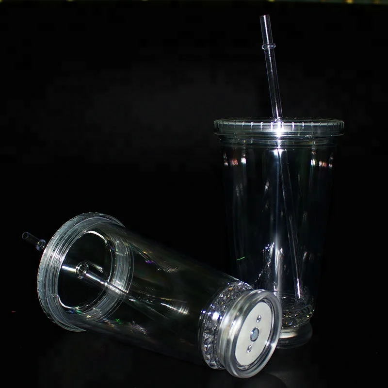 Personalized 16oz PS Plastic LED Light up Double Wall Tumbler with Straw