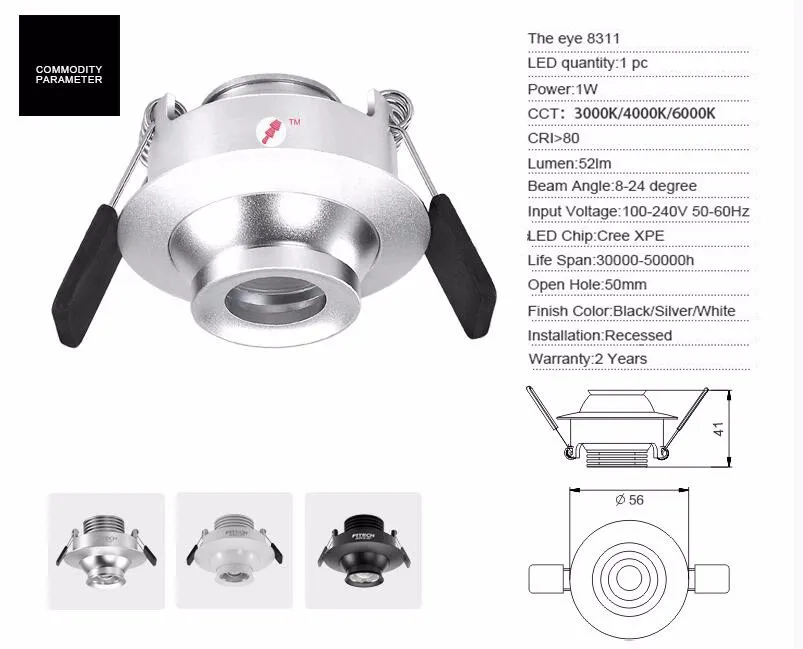 8311 Dimmable 110v/220v Narrow Beam Angle 8 Degrees Mini Recessed ...