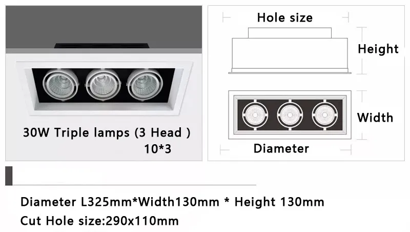 High Lumen Recessed LED Downlight - Triple Cob 3x15w Grille