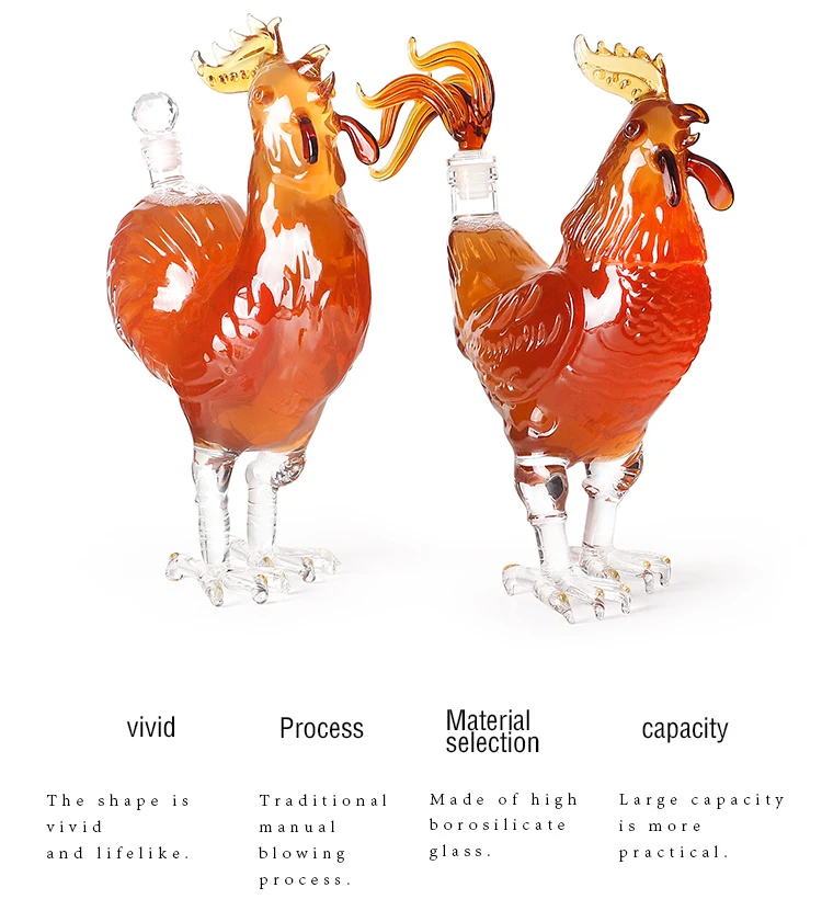 Rooster Shaped Alcohol Glass Bottles - Handmade & Durable