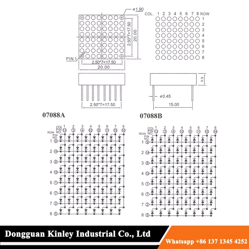 Small 20x20mm F1.9mm Led Dot Matrix Modules 8x8 7088 For Scrolling ...