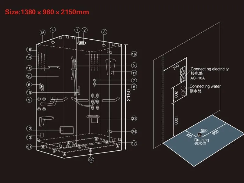 2 Person Enclosed Steam Shower Room & Jacuzzi Bath Tub | Wholesale