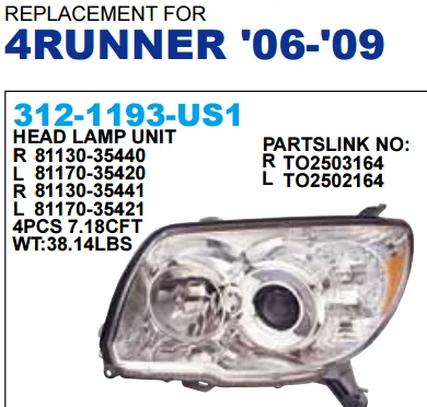 Auto Car Head Lamp Light For Toyota 4runner 2006-2009 312-1193 81130 ...