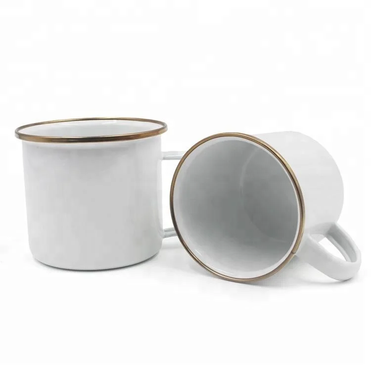 New Design White With Gold Color Rim Enamel Mug 8cm For Business Gift ...