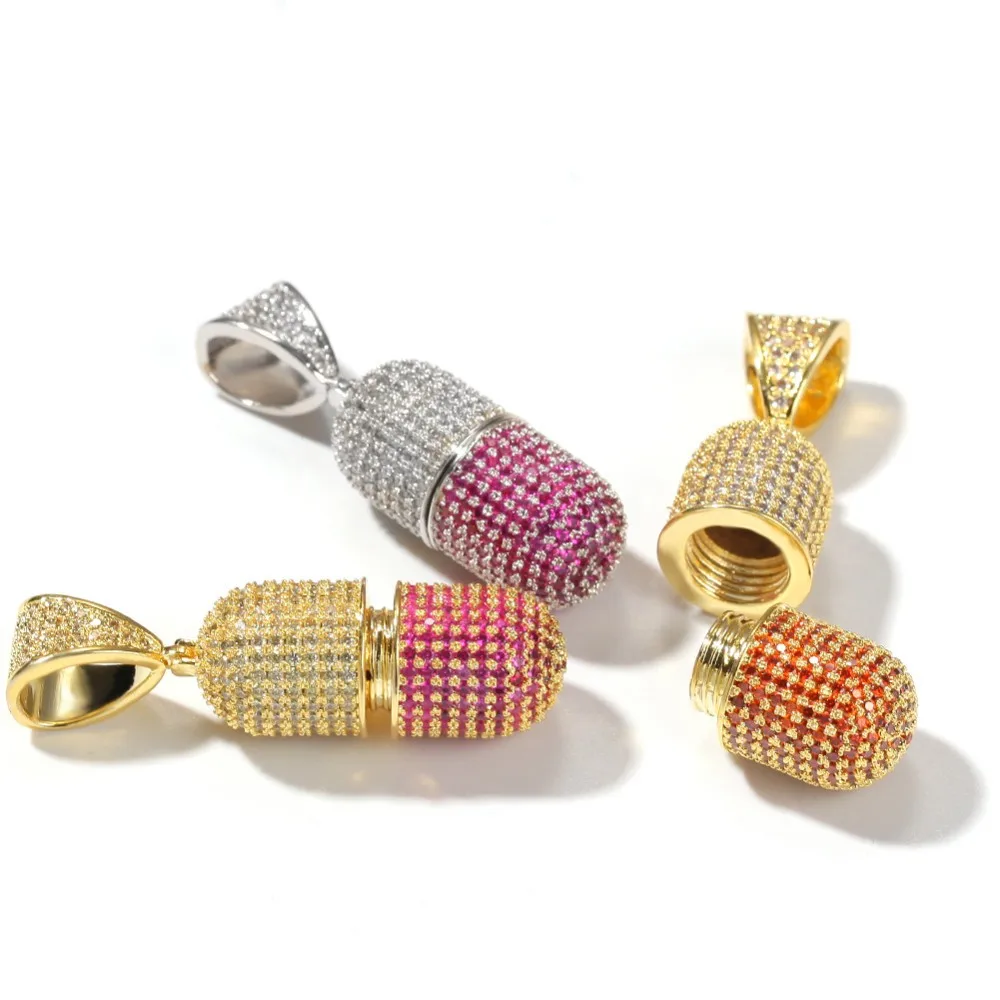 Men Iced Out Two Tone Purple Cz Pill Pendant Necklace With Stainless ...