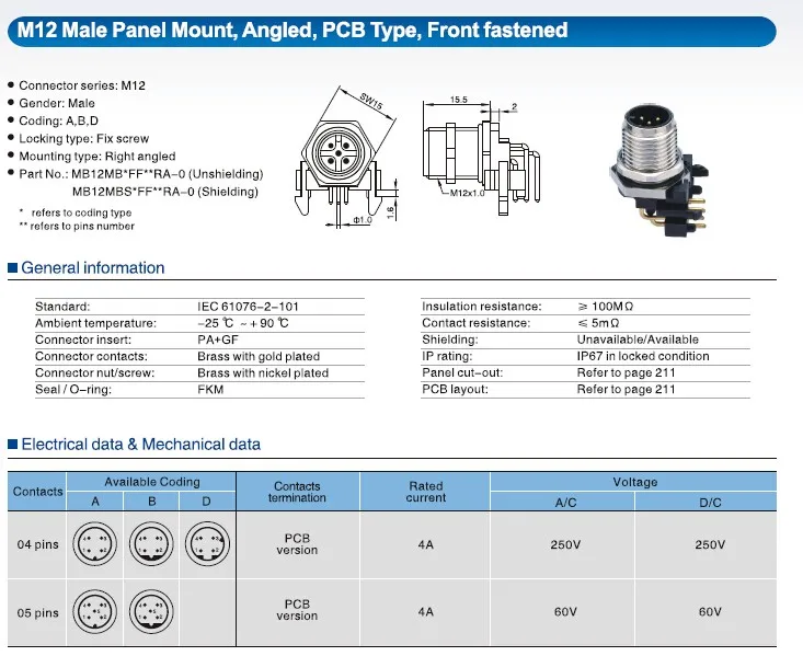 90 Degree Pcb M12 Male Panel Mount Connector,Ip67 Waterproof M12 Male ...