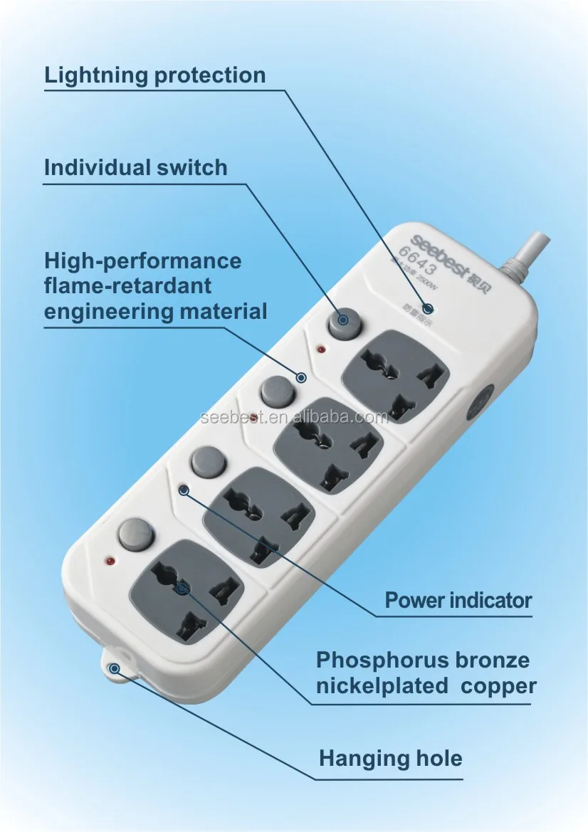 4 Outlet Power Strip With Individual Switch And Lightning Protection ...