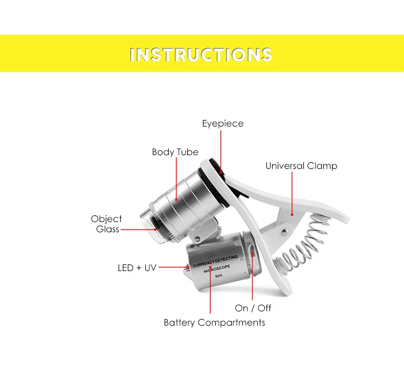 Universal Clip Type LED Cellphone Microscope - 60X Magnification