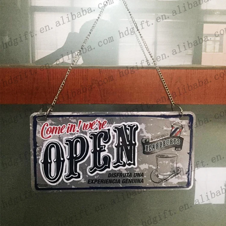 Embossed Aluminum Open Closed Door Sign Custom Metal Chain Hanging Shop ...
