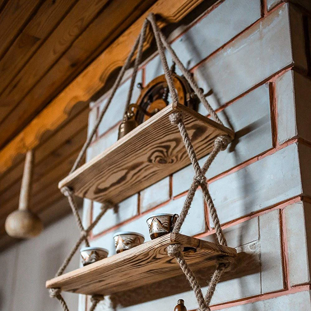 Decor Wooden Hanging Shelf With Rope,3 Tier Bookcase Decor Resin ...