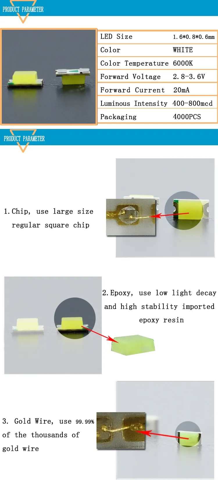 Dongguan Led Chip 1608 Led White Color Smd Led(0.6mm) 6000k - Buy ...