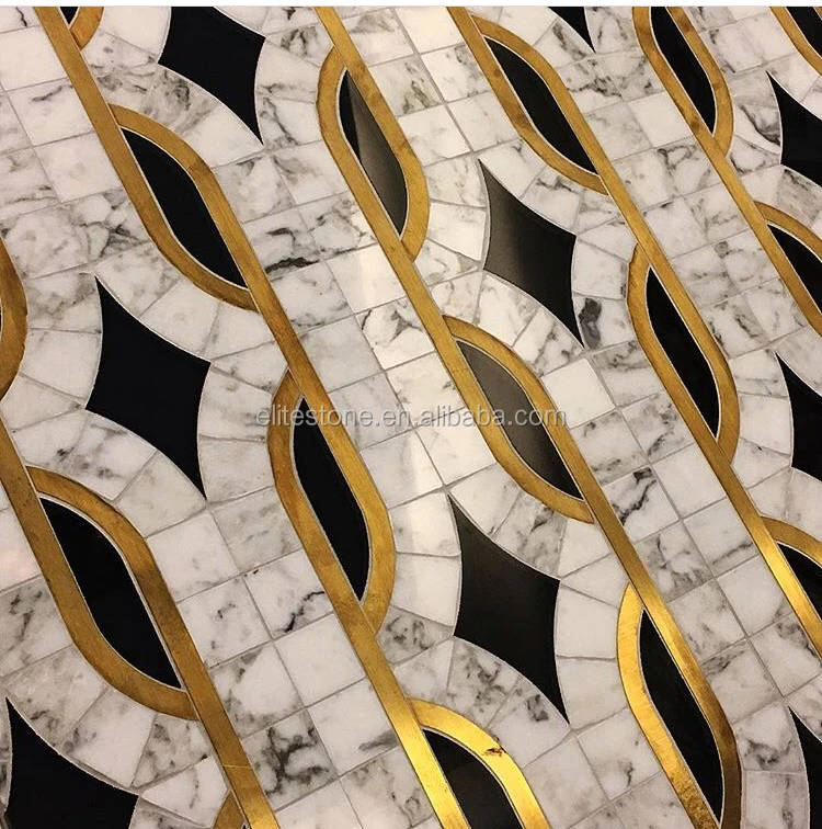 Water Jet Marble Floor Tile with Brass Inlay Mosaic Pattern