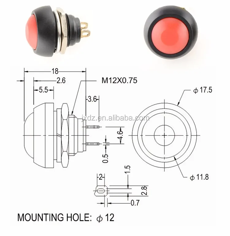 PBS-33B Push Button Switch 12mm Momentary Round Switch 2pin Waterproof ...