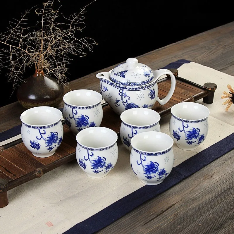 7 Pieces Blue And White China Flower Ceramic Tea Set,Teapot And Double ...