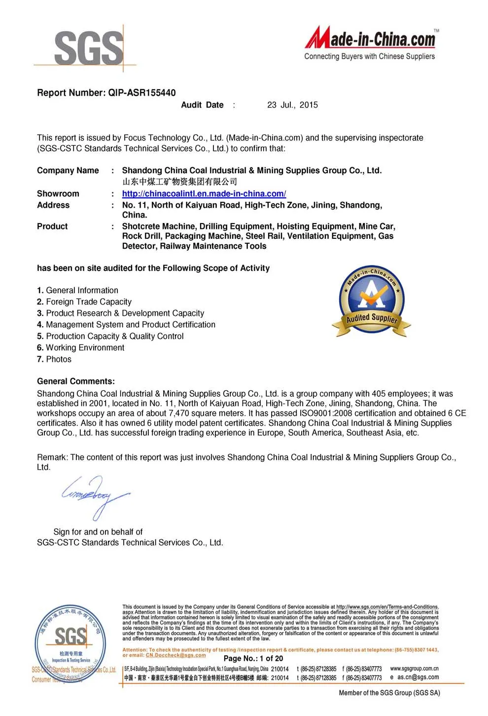 SGS Report - Shandong China Coal Industrial & Mining Supplies Group Co ...