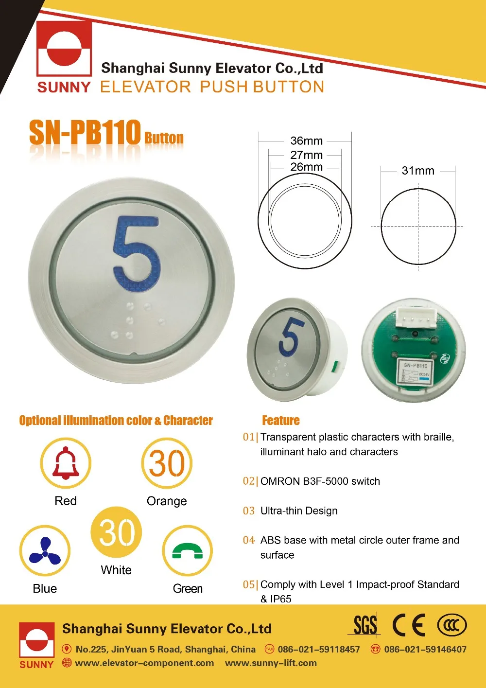 Passenger Elevator Round Elevator Push Button With Braille No Nc (sn-pb110) - Buy Elevator Cop ...