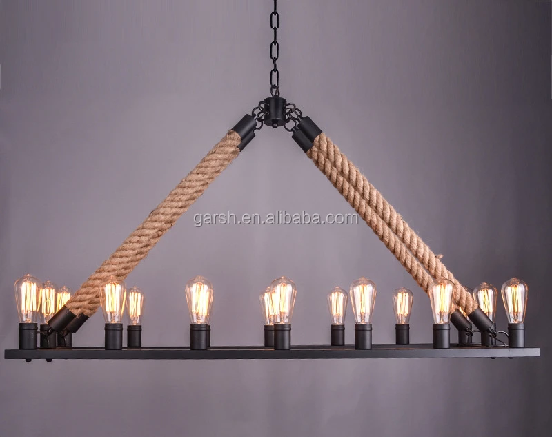 Industrial Chandelier Rectangle Iron Pendant Lamp Loft Hemp Rope Light ...