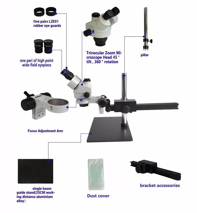 7x-45x Professional Trinocular Stereo Zoom Rail Bracket Microscope ...