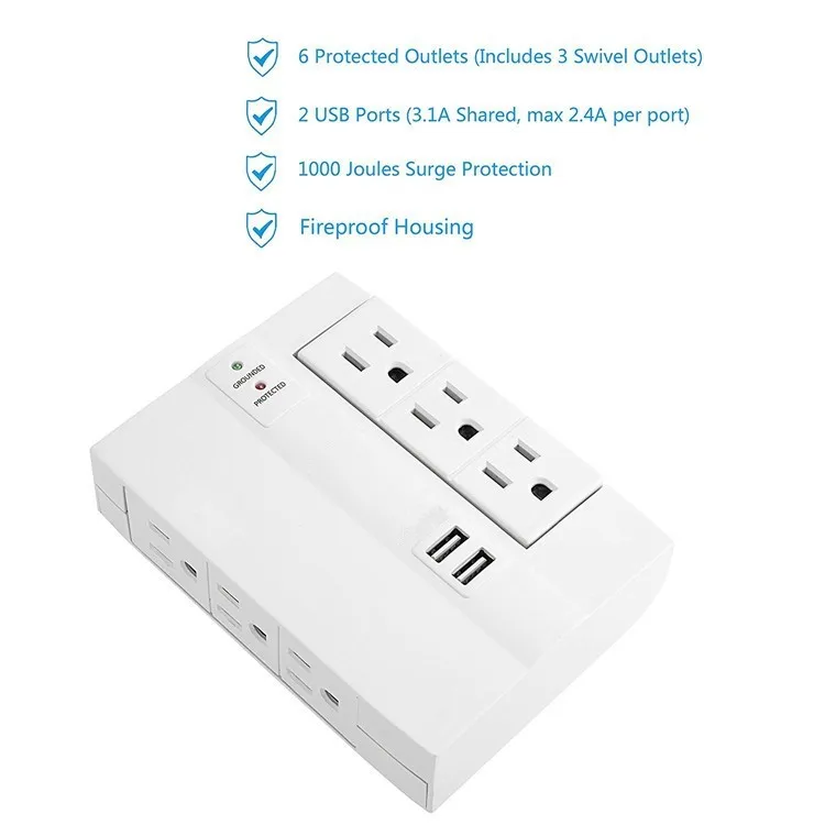 6 Outlets Swivel Usa Wall Tap With Usb 300j Surge Protector Device ...