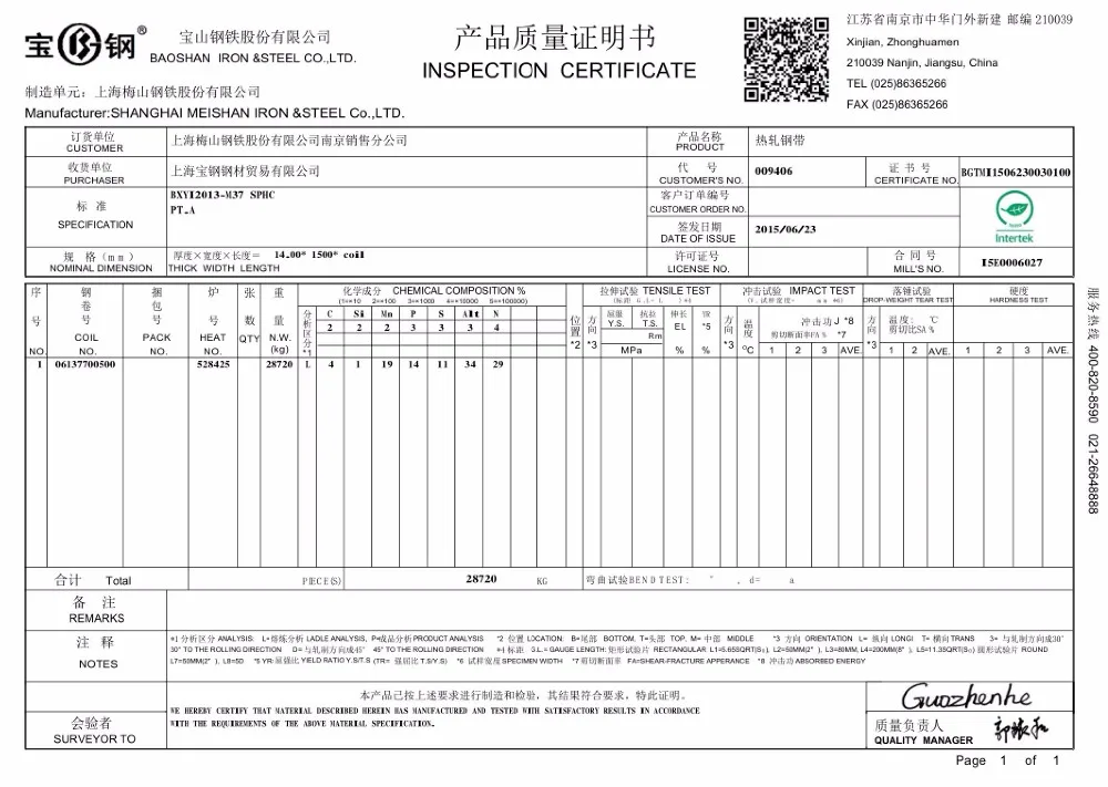 Materials certificate