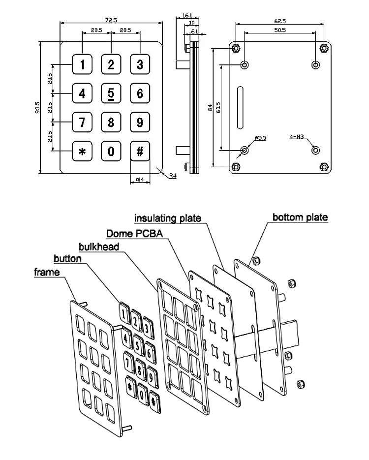 Rugged Handfree Phone Metal Keypad 3x4 Keyboard With Big Buttons 12 ...