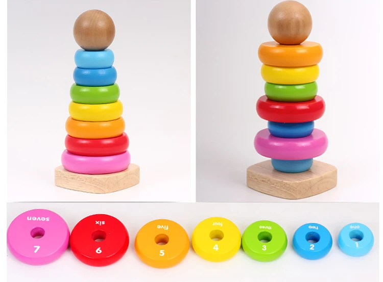 Educational Colorful Kids Rainbow Stacking Ring Toy Wooden Tower Of ...