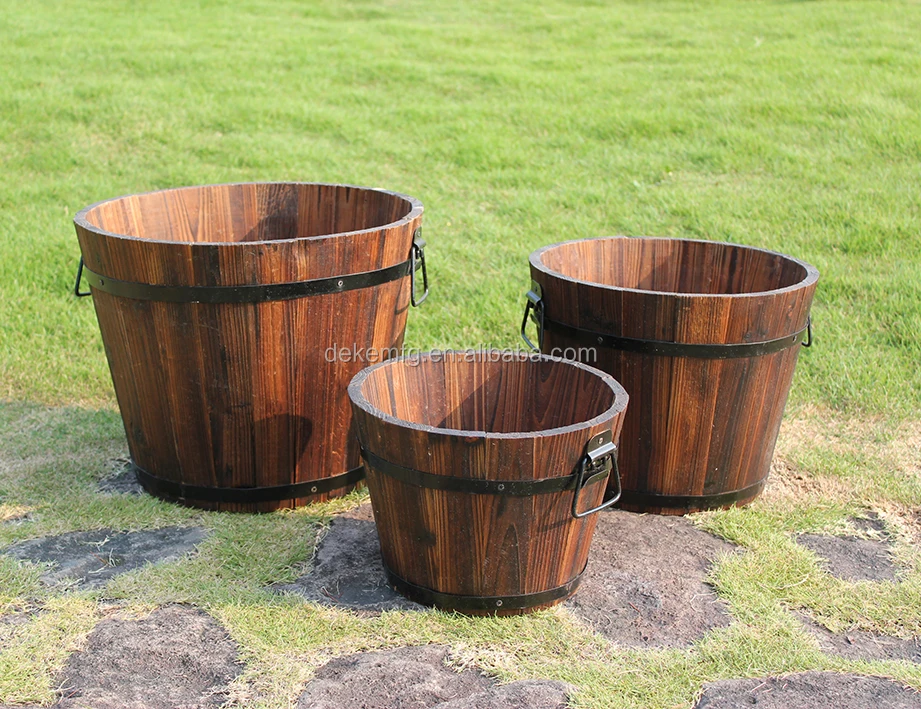 Outdoor Solid Cedar Wood Barrel Set of 3 Planter Pots