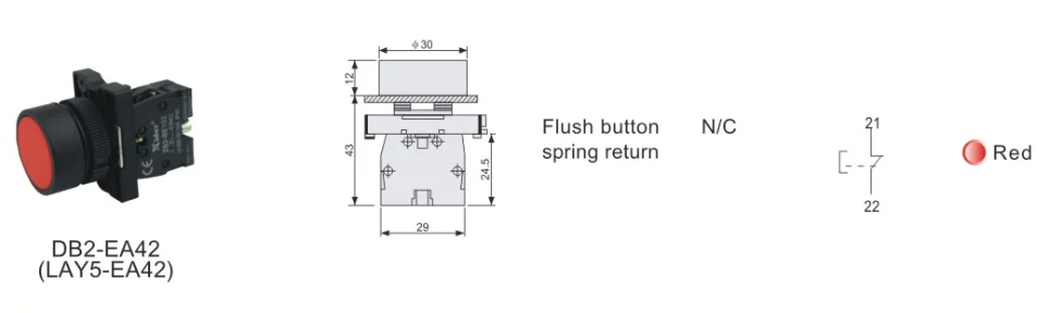 Xider Flush Push Button Switch 1NC 10A XB2-EA42 - IP65