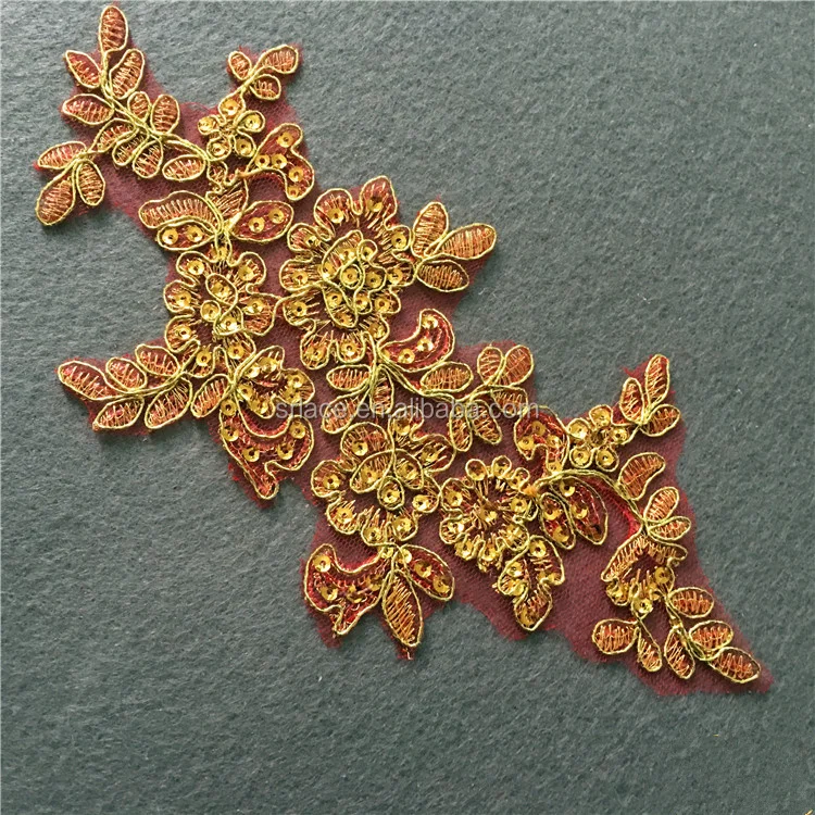 Red Mesh Based Embroidery Gold Cording Sequin Embroidery Lace Applique ...