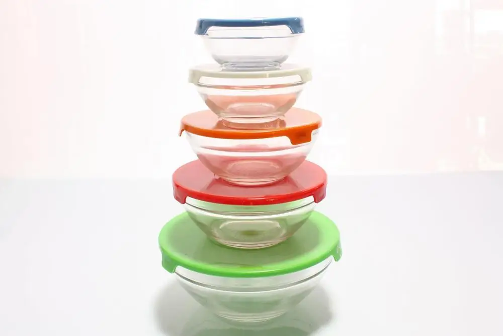 Round 5pcs Glass Bowl Set With Colorful Plastic Lids,Soda-lime Glass ...