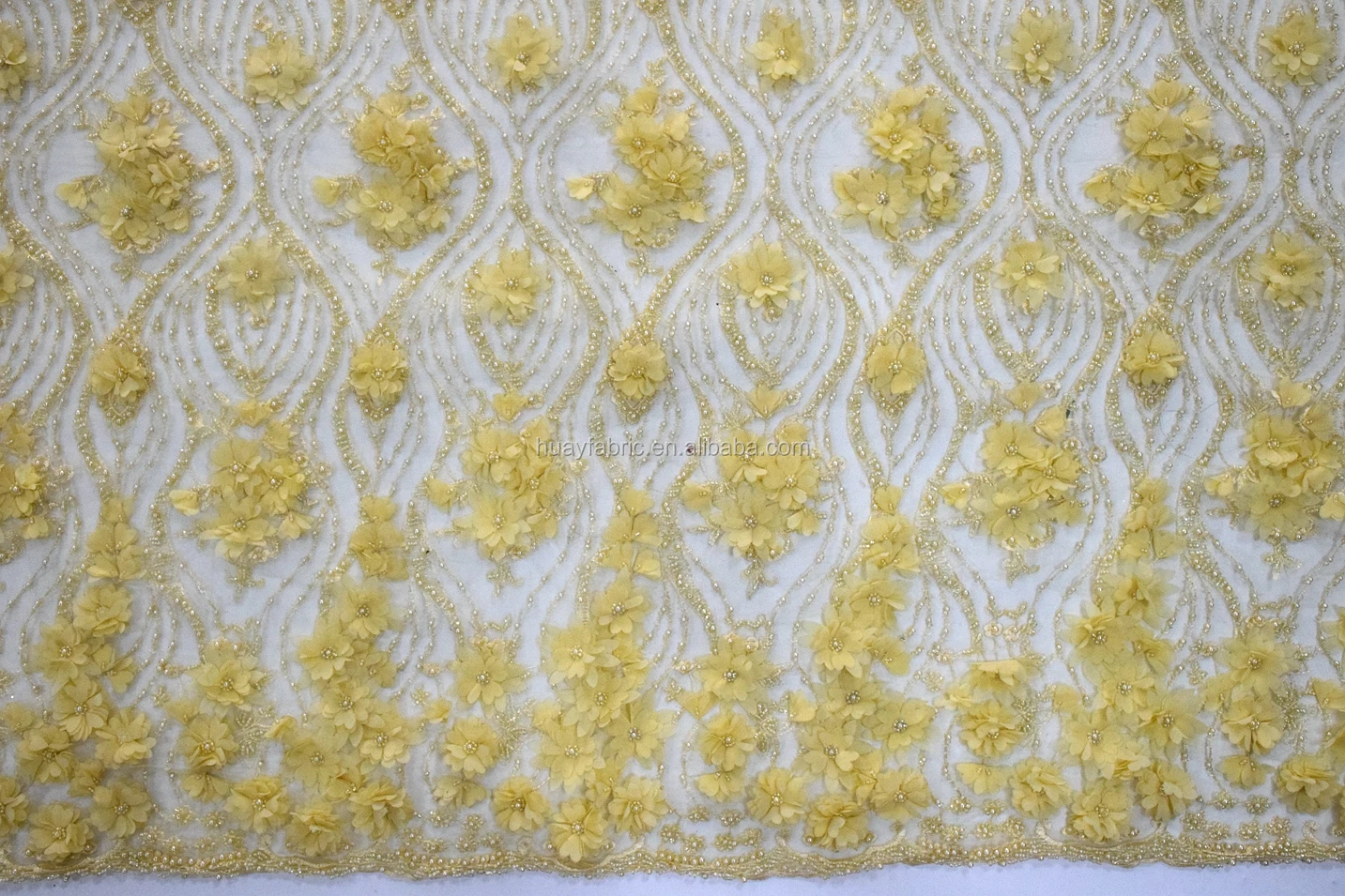 Yellow Lace Fabric - High Quality 3D Beaded Tulle