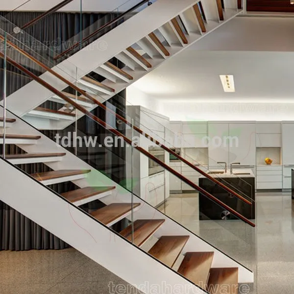 White Color Double Stringer Stairs Teak Steps Glass Straight Staircase ...