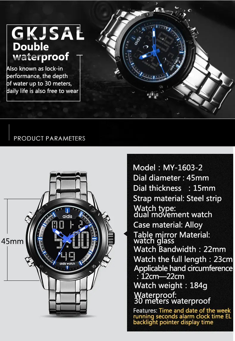 Addies Brand Watch Multifunction Dual Time Sports Watches Men Stainless ...