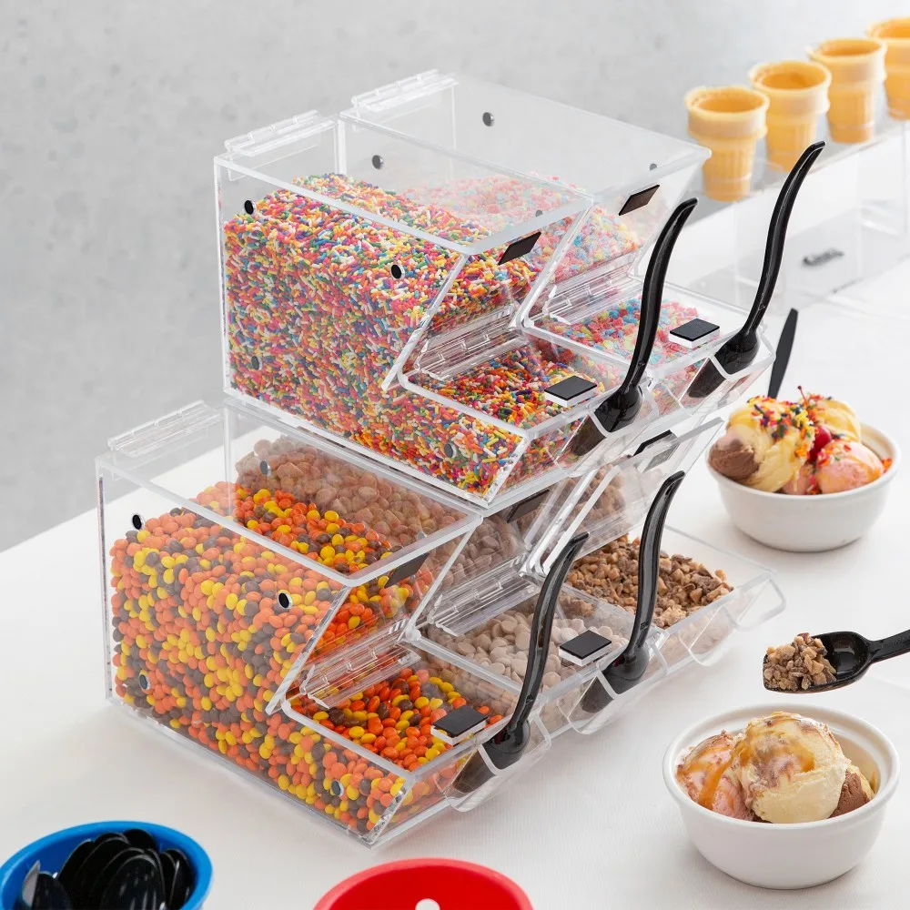 Clear Acrylic Stackable Candy Topping Dispenser with Scoop Holster