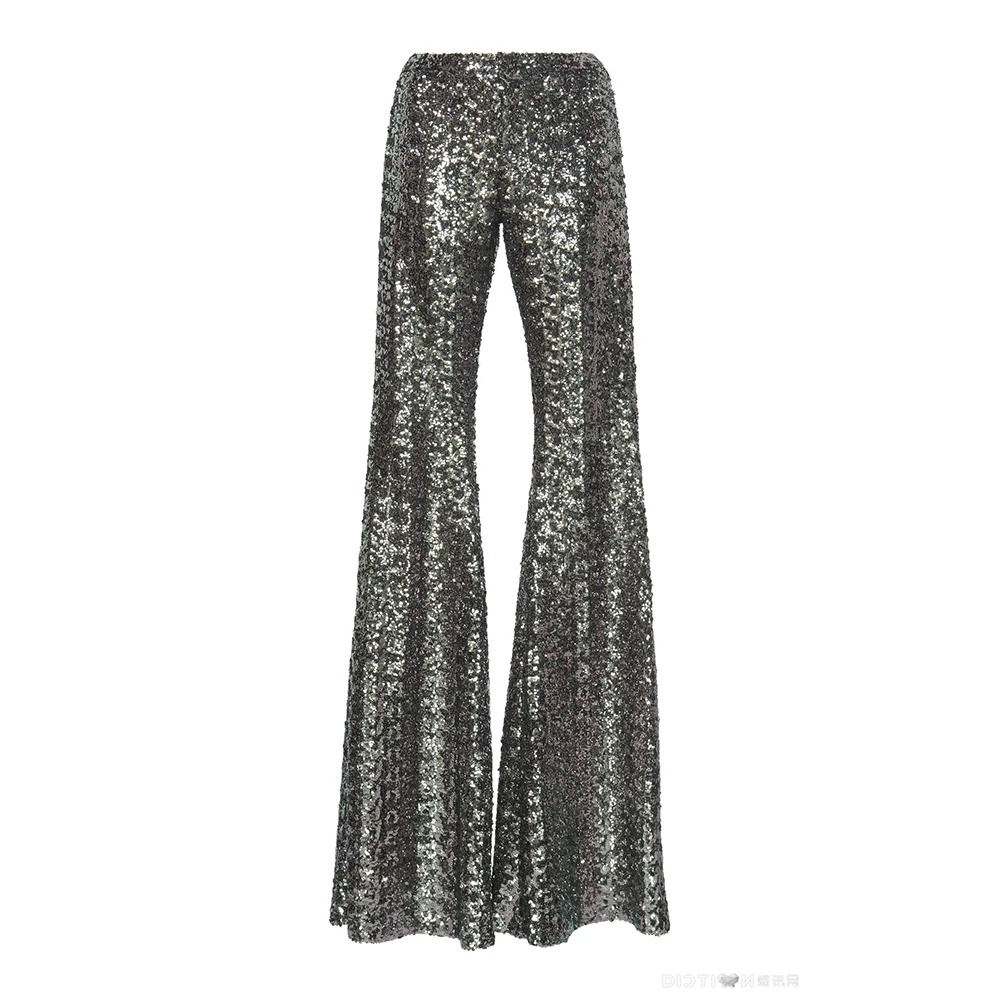 Women Wear Casual Sequin Embroidered Flared Hemline Long Pant High ...